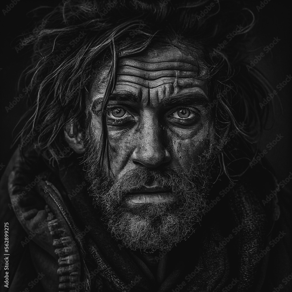 Black and White Portrait of a sad and homeless man with piercing eyes ...