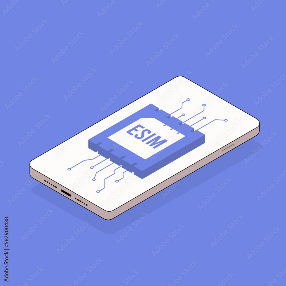 eSIM - Embedded SIM concept illustration. Isometric smartphone with ...
