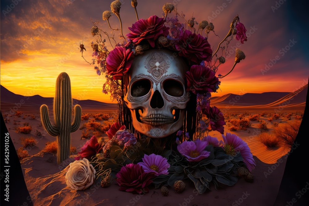 La llorona, La Santa Muerte. Mexican Skull adorned with flowers, in the ...