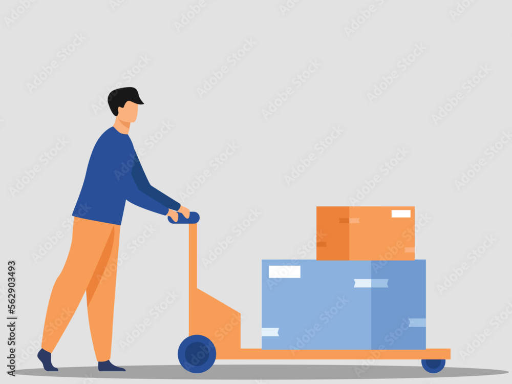 Logistic workers carrying boxes with loaders in warehouse. Couriers wheeling carts with cargo ...