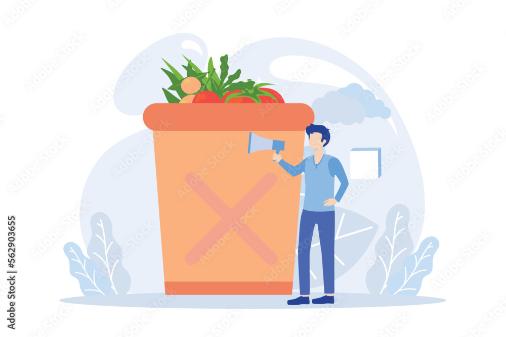 Sustainability illustration. Characters reducing food waste, buying ...