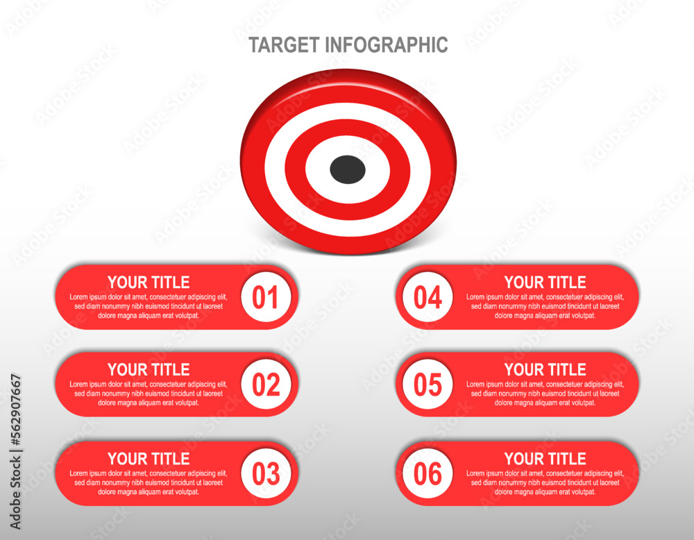 3d red target dartboard with 6 label infographic. target step number ...
