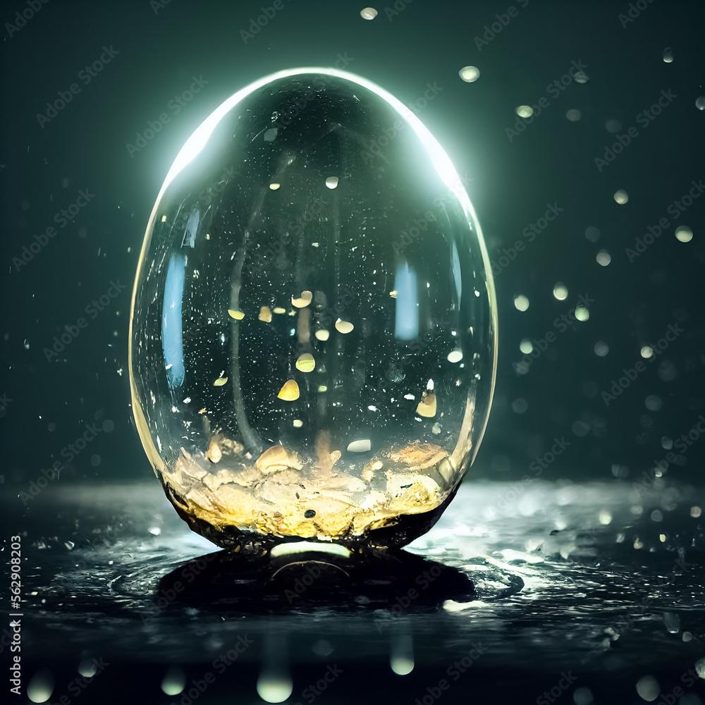 The transparent crystal egg contains the water droplets and the golden ...