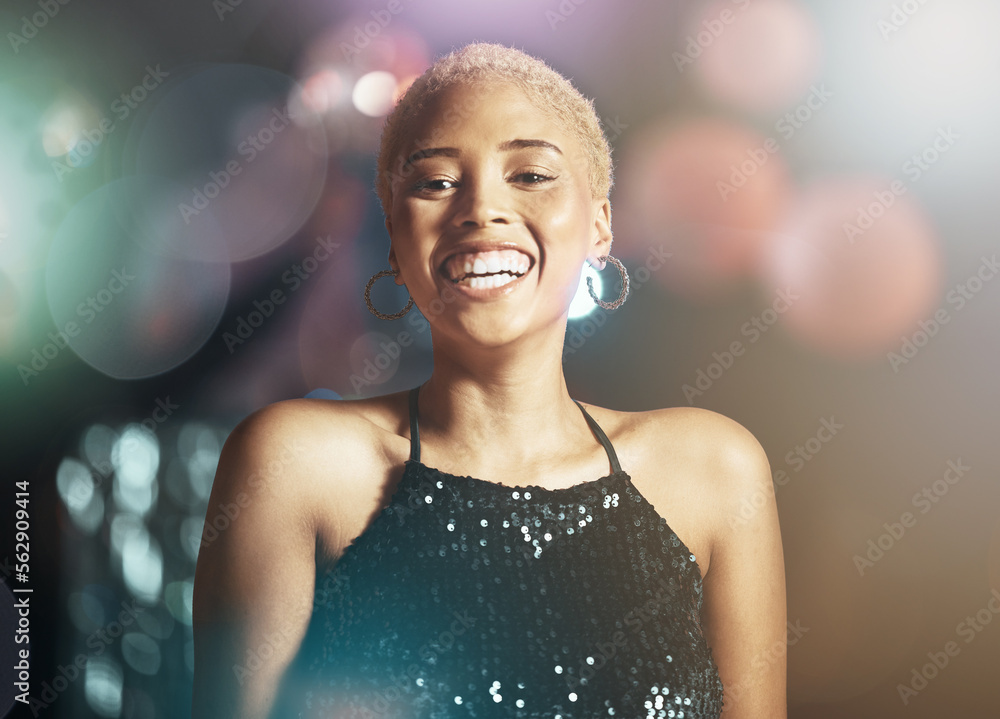 Portrait, happy woman and face with glitter and disco, party girl in night club with happiness ...