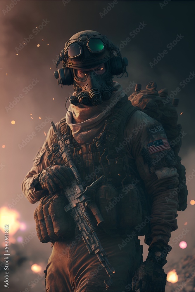 Soldier with gas mask and gun on war scenario. FPS GAME concept art ...