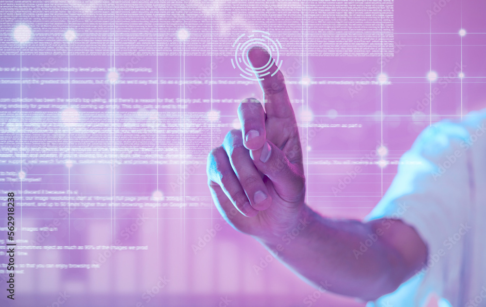 Hand, 3d futuristic and man in metaverse exploring a virtual world. Digital transformation ...