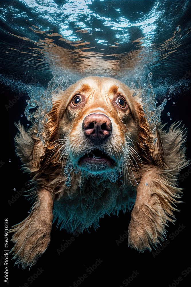 Underwater funny photo of puppy dog in swimming pool play with fun ...