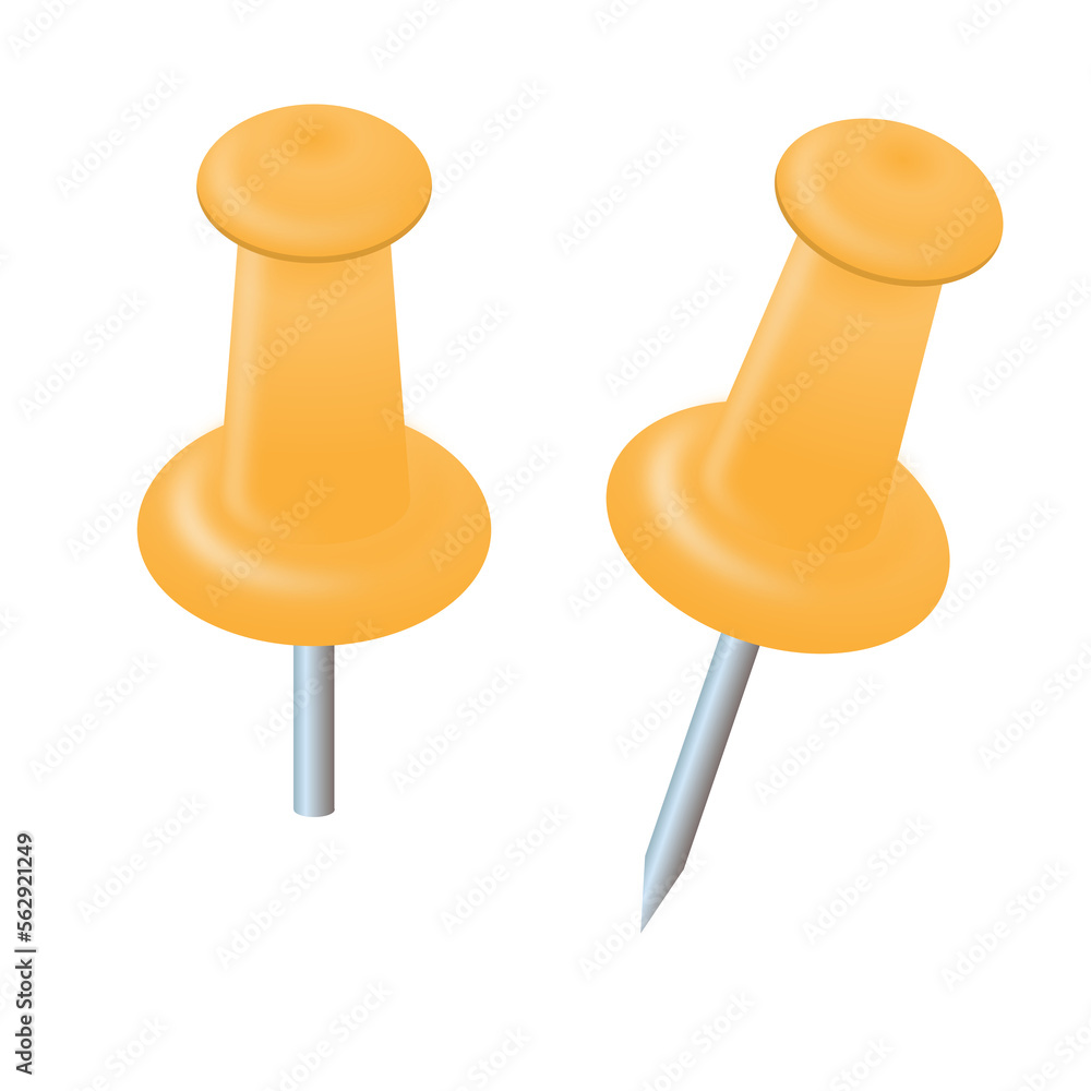 Collection of isolated yellow push pins of Realistic plastic glossy ...