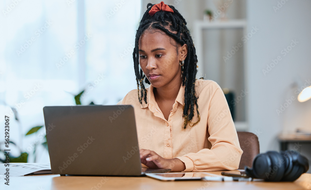 Black woman, laptop and typing online email communication, planning ...