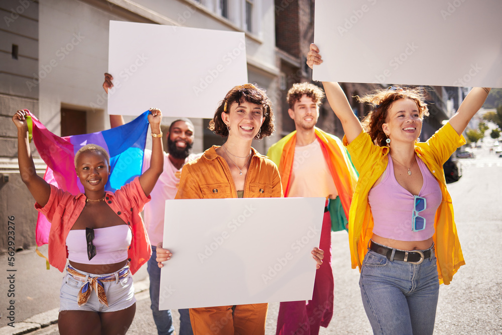 Lgbt protest, poster and group of people walking in city street for ...