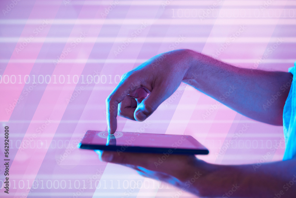 Fingerprint, futuristic and hands of man with tablet for binary ...