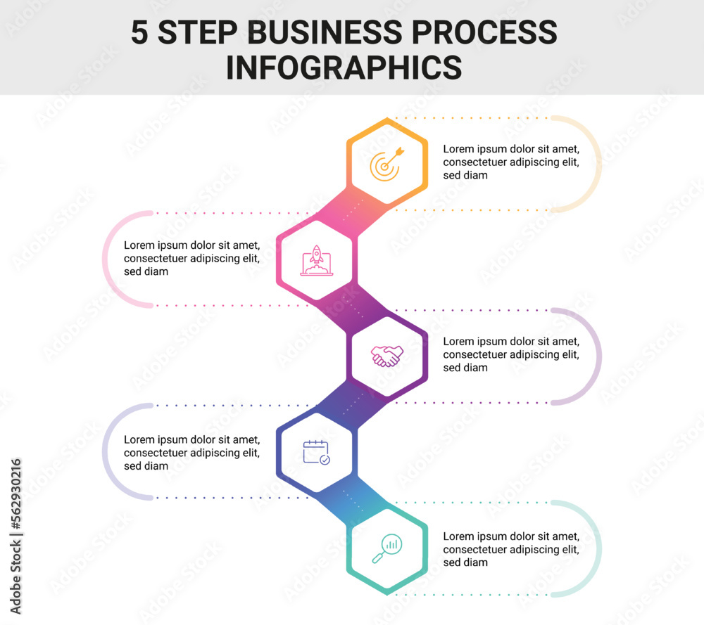 Hexagon shape loop zig zag infographics diagram. 5 Step business ...
