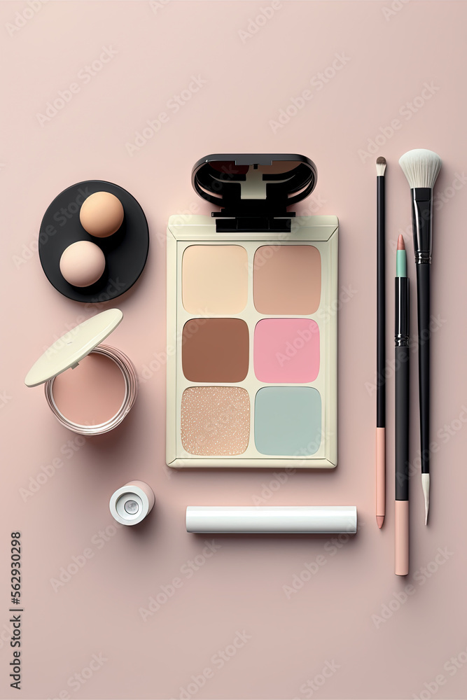 Simple makeup artist MUA Flat lay, copy space. Top down view, pastel ...