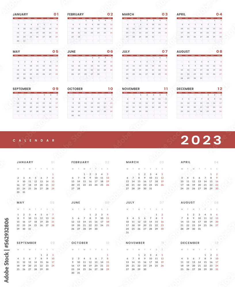Set of 2023 Annual Calendar template. Vector layout of a wall or desk ...