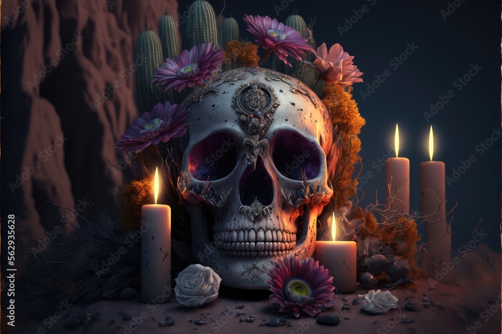 La Santa Muerte. Mexican Skull adorned with flowers. Calavera Grim ...