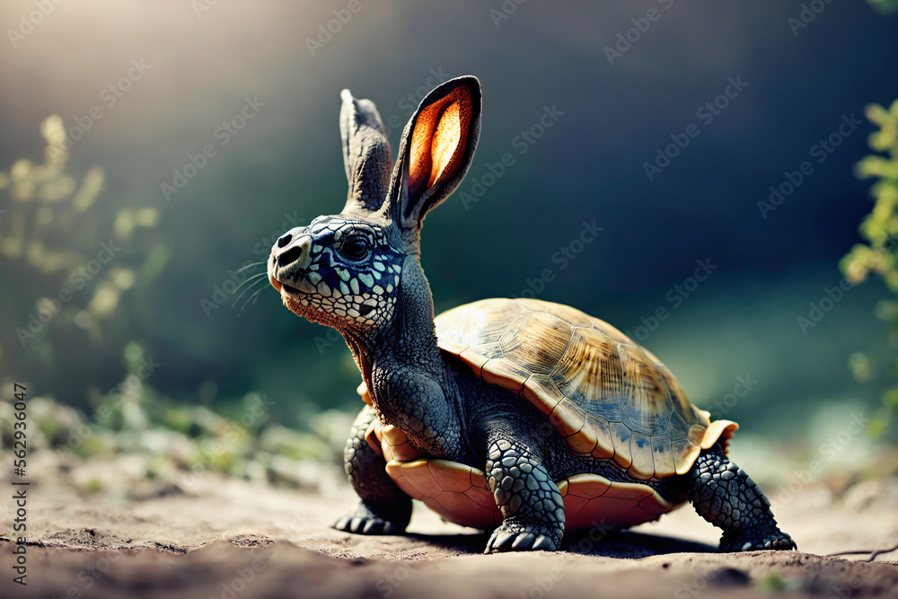 abstract hybrid animal a small turtle with a bunny rabbit ears looking ...