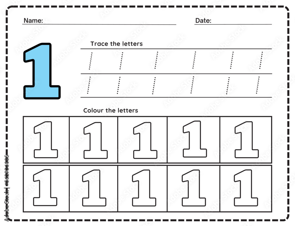 Trace And Write Number One. Handwriting Practice. Learning Numbers For