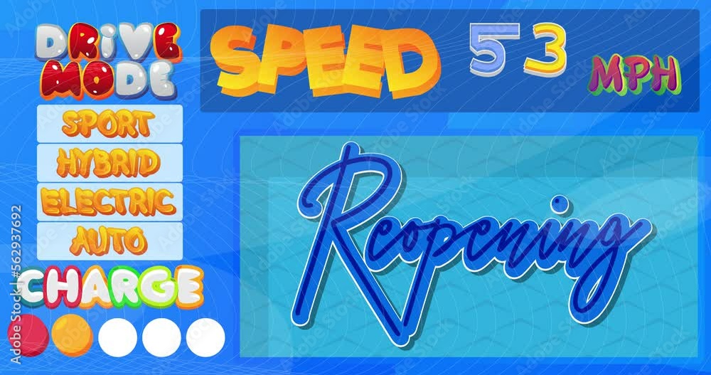 Cartoon Car Dashboard with Reopening Text. Digital Graphical User ...