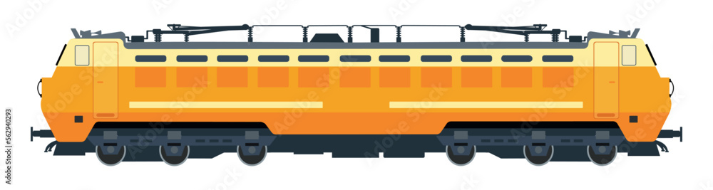 Electric locomotive with white background, side view of a train on ...