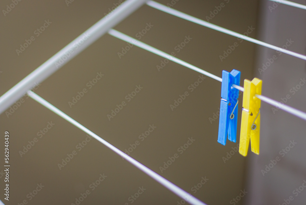Clothing peg on washing line. Clothing pins on clothesline. Clothes pin ...