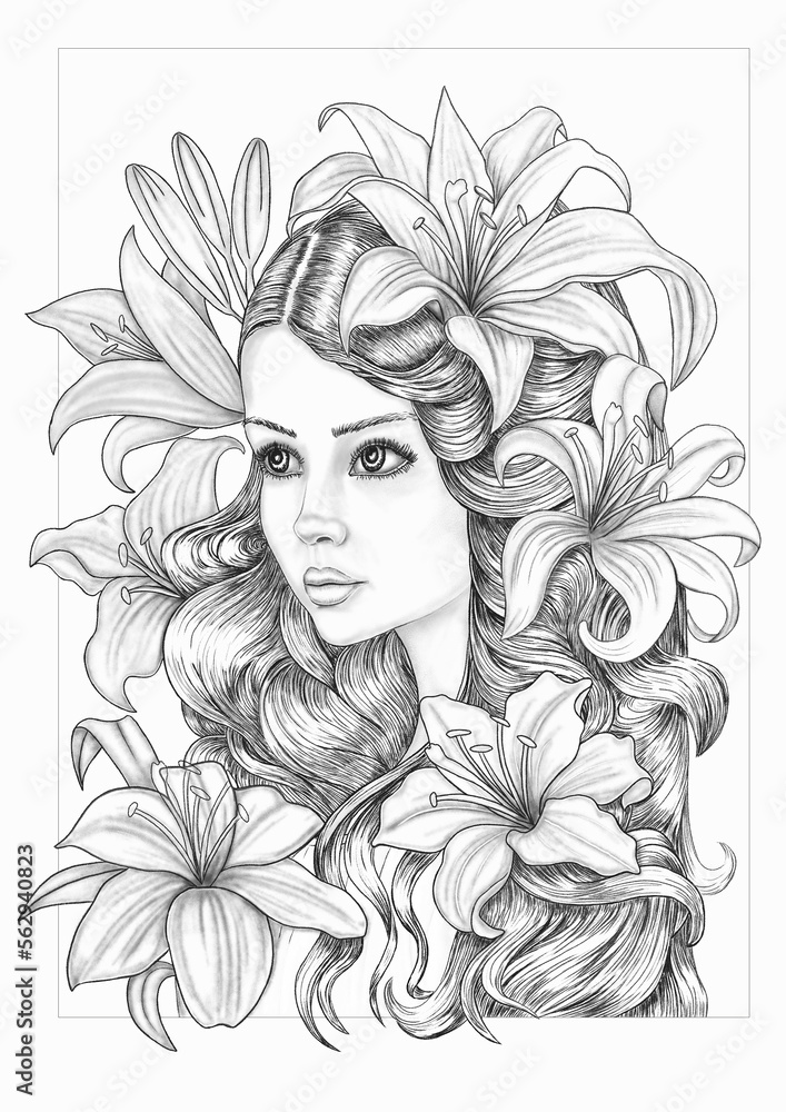 Coloring Page with Grayscale Portrait of Beautiful Woman with Flowers ...