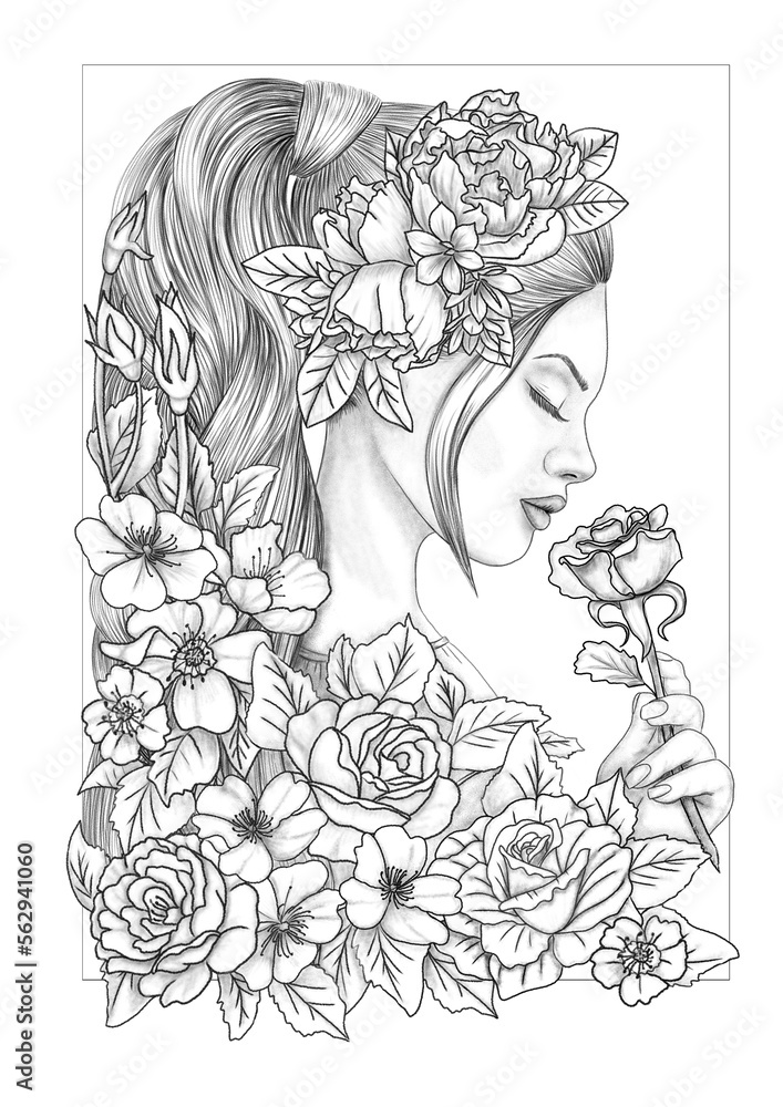Coloring Page with Grayscale Portrait of Beautiful Woman with Flowers ...