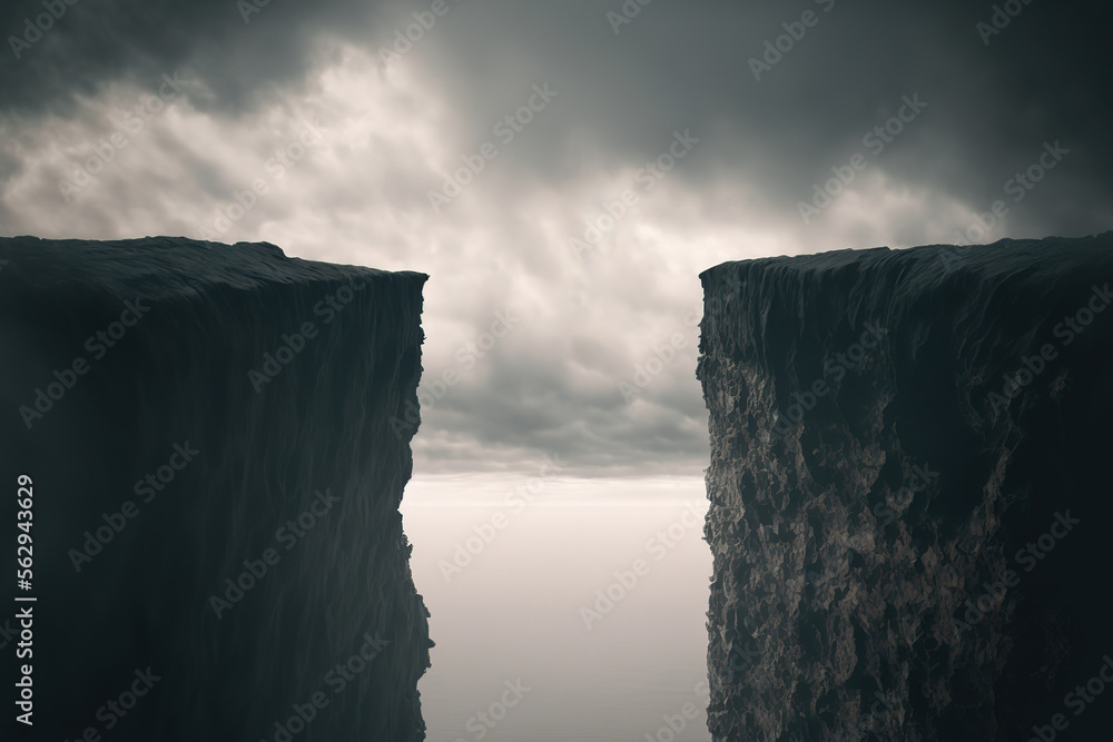 Gap of the abyss cliff edge on the gray cloudy sky, The challenge route ...