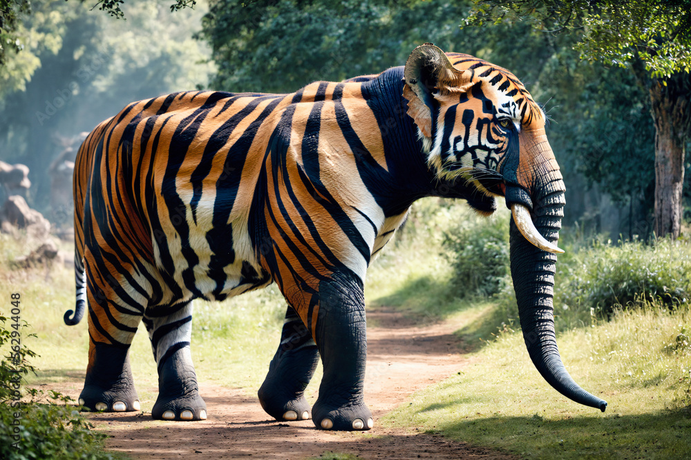abstract hybrid animal a large elephant with tiger stripes and head ...
