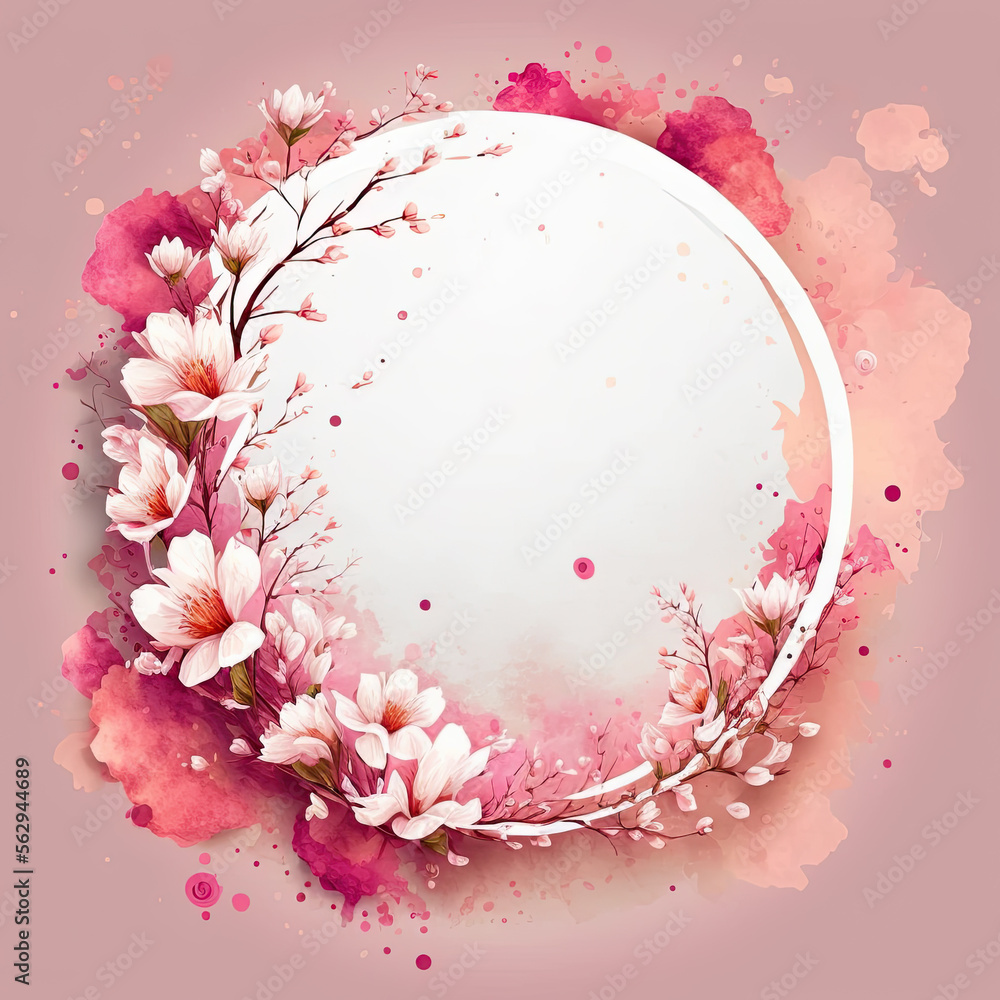 Circle Frame with Pink Watercolor Flowers. Elegant Mother's Day Design ...