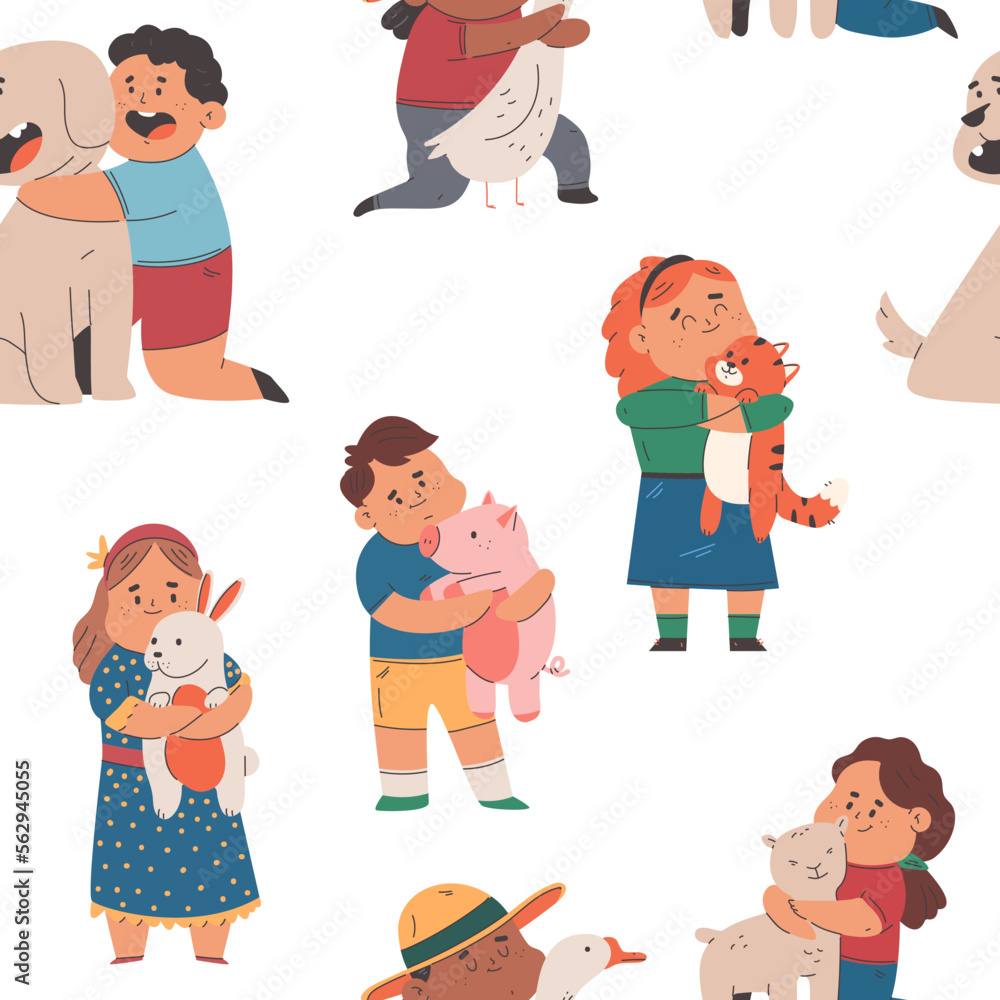 Kids hugging animals vector cartoon seamless pattern background for ...