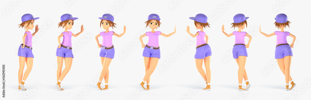 Girl character in different angles view 3d render. Rotation animation ...