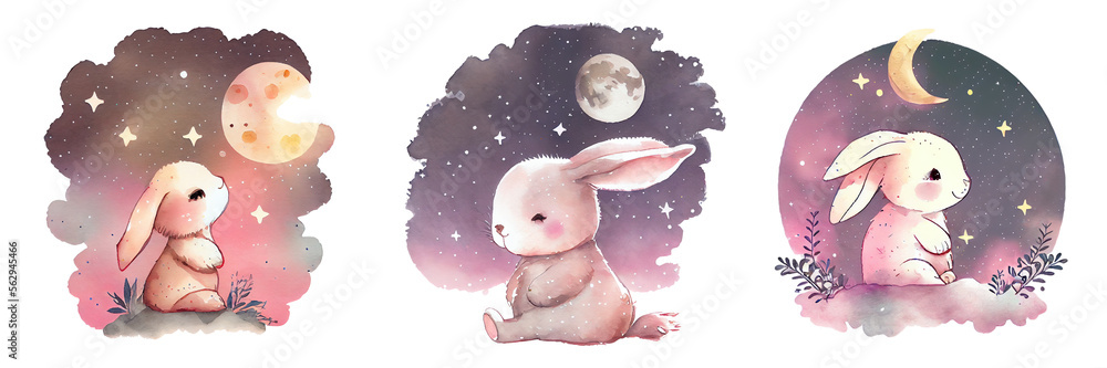 Banner with cute little bunnies. Watercolor cartoon of baby bunny or ...