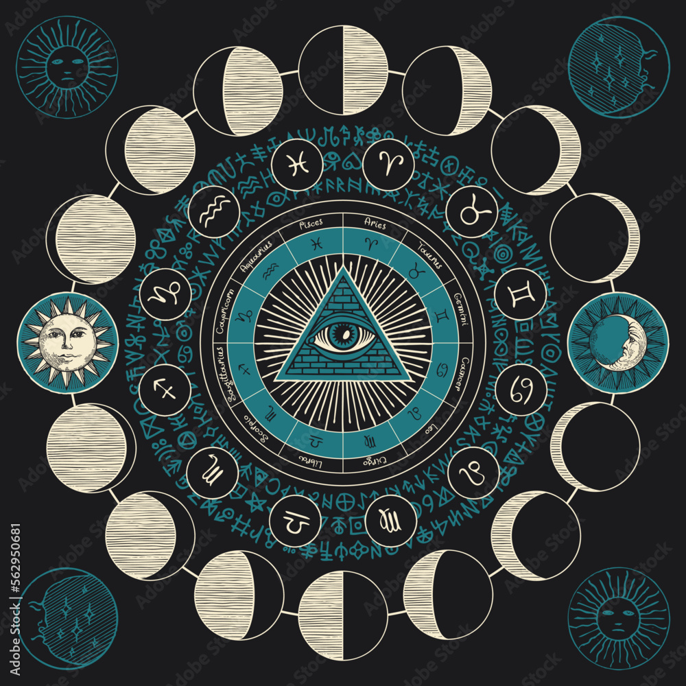 Vector circle of Zodiac signs with hand-drawn Masonic symbol all-seeing ...