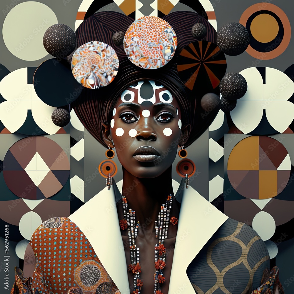 African woman made from squares, circles, alphabets, poka dots, lines ...