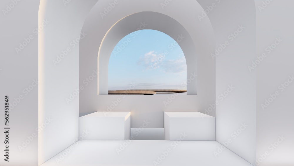 Architecture interior background room with arched window 3d render ...