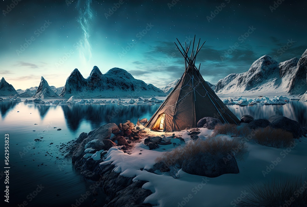 beautiful winter lake scenery with snow peak mountain and a tipi ...