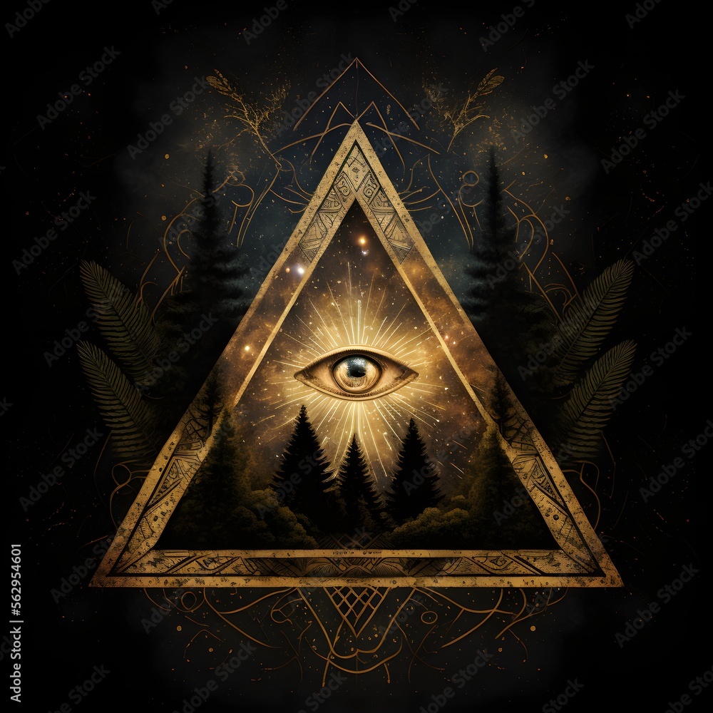 mystical symmetrical geometry, gold triangle, all seeing eye, forest ...