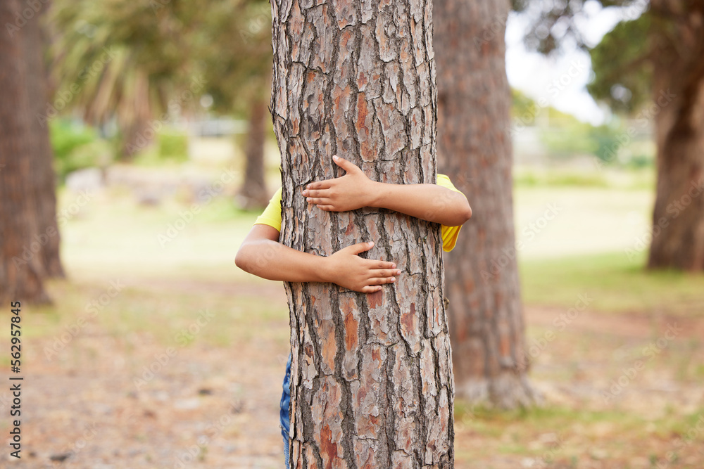 Earth day, sustainability and child with a tree hug for eco friendly ...