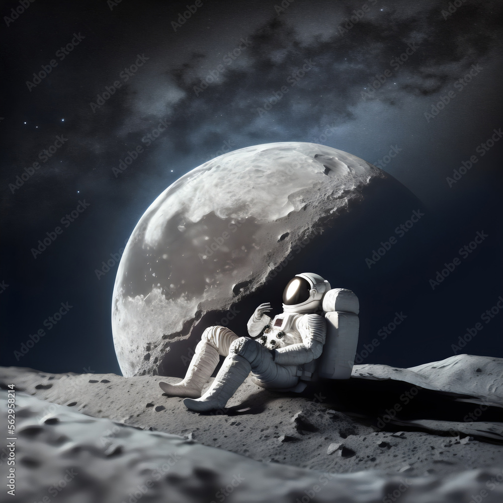 astronaut relaxing on a moon in deep space wearing space suit, moon ...