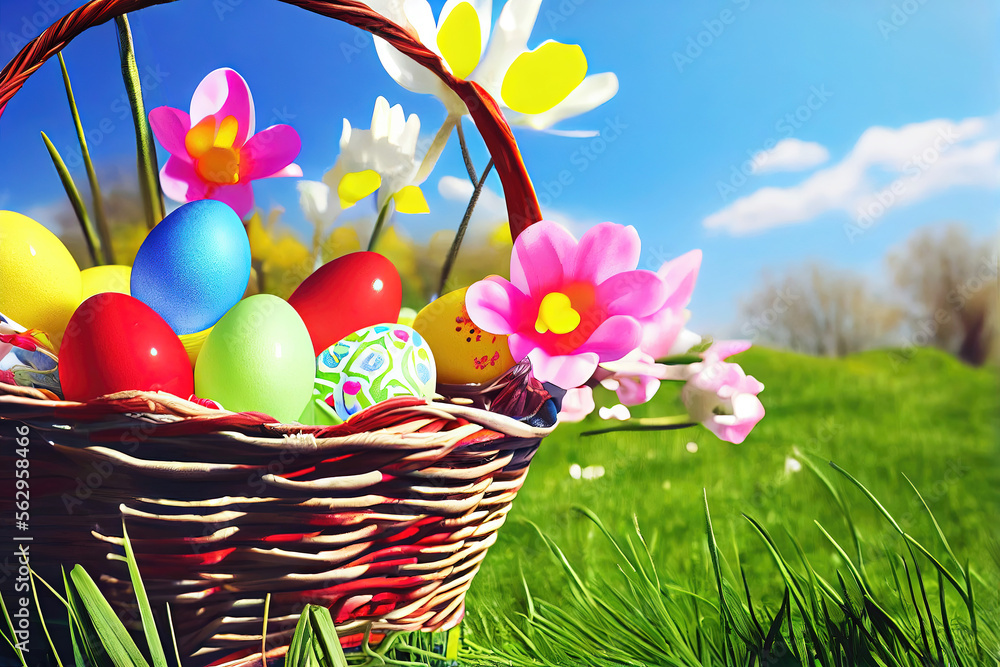 Easter basket with colorful easter eggs and flowers as easter ...
