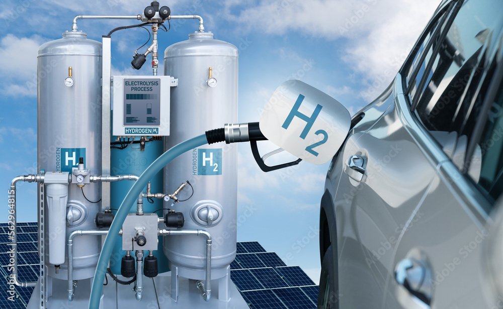 Car with hydrogen fueling nozzle on a background of H2 factory ...