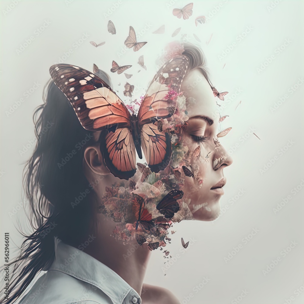 Surreal double exposure image of woman and butterflies. Great for ads ...