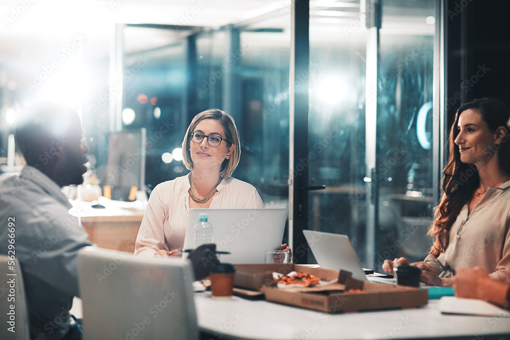 Meeting, late night and marketing team workshop with ideas, laptop and ...