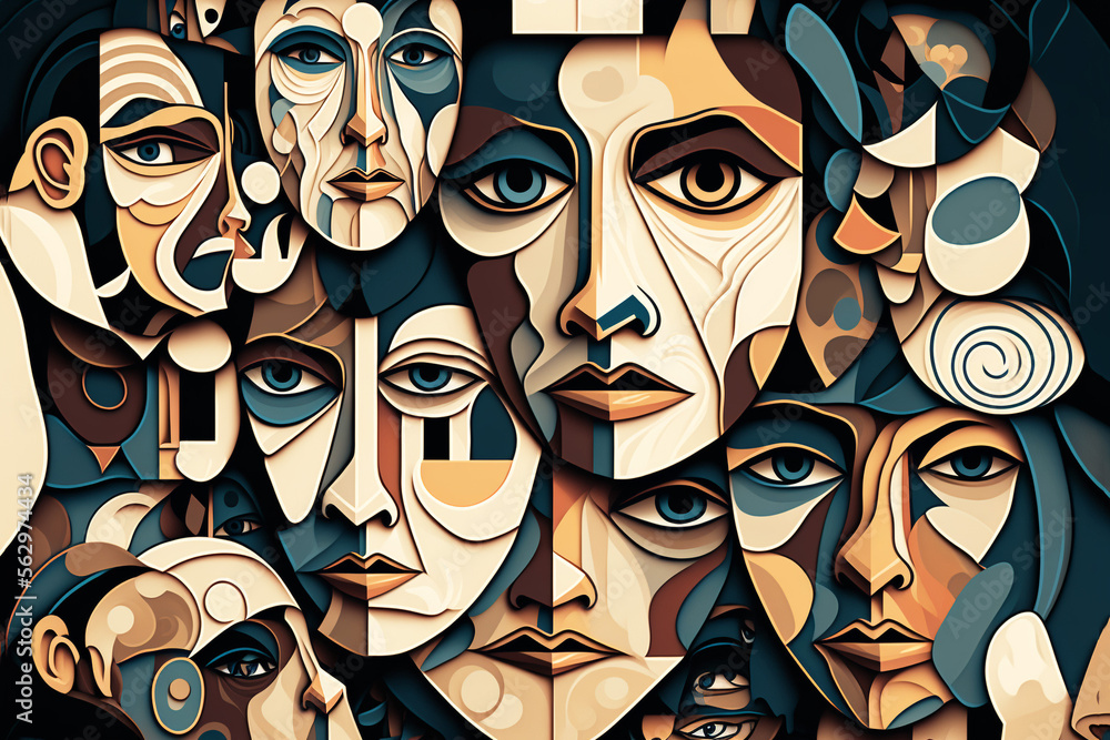 Abstract, crowded illustration of many faces in vivid color and ...