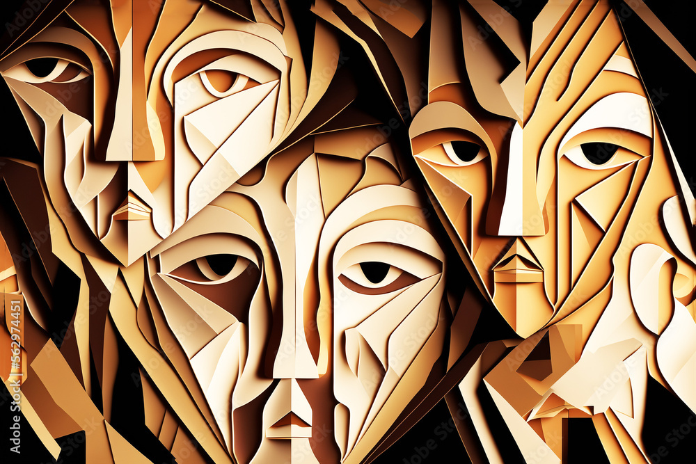 Abstract, crowded illustration of many faces in vivid color and ...