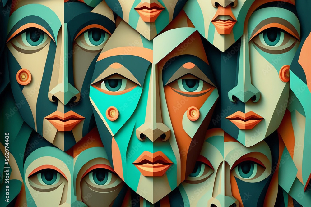 Abstract, crowded illustration of many faces in vivid color and ...