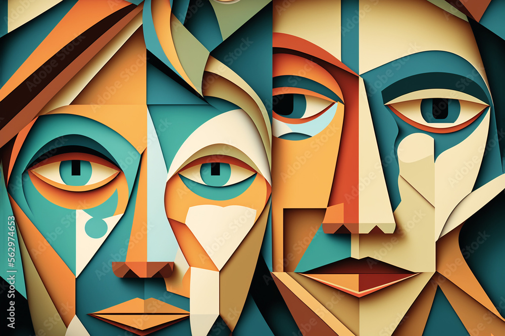 Abstract, crowded illustration of many faces in vivid color and ...