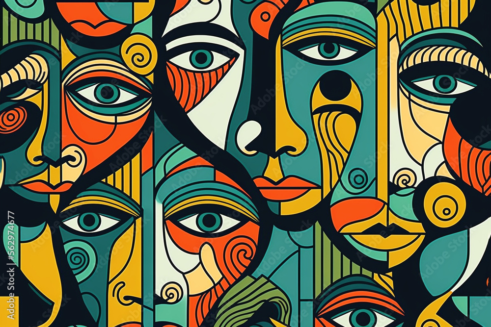 Abstract, crowded illustration of many faces in vivid color and ...