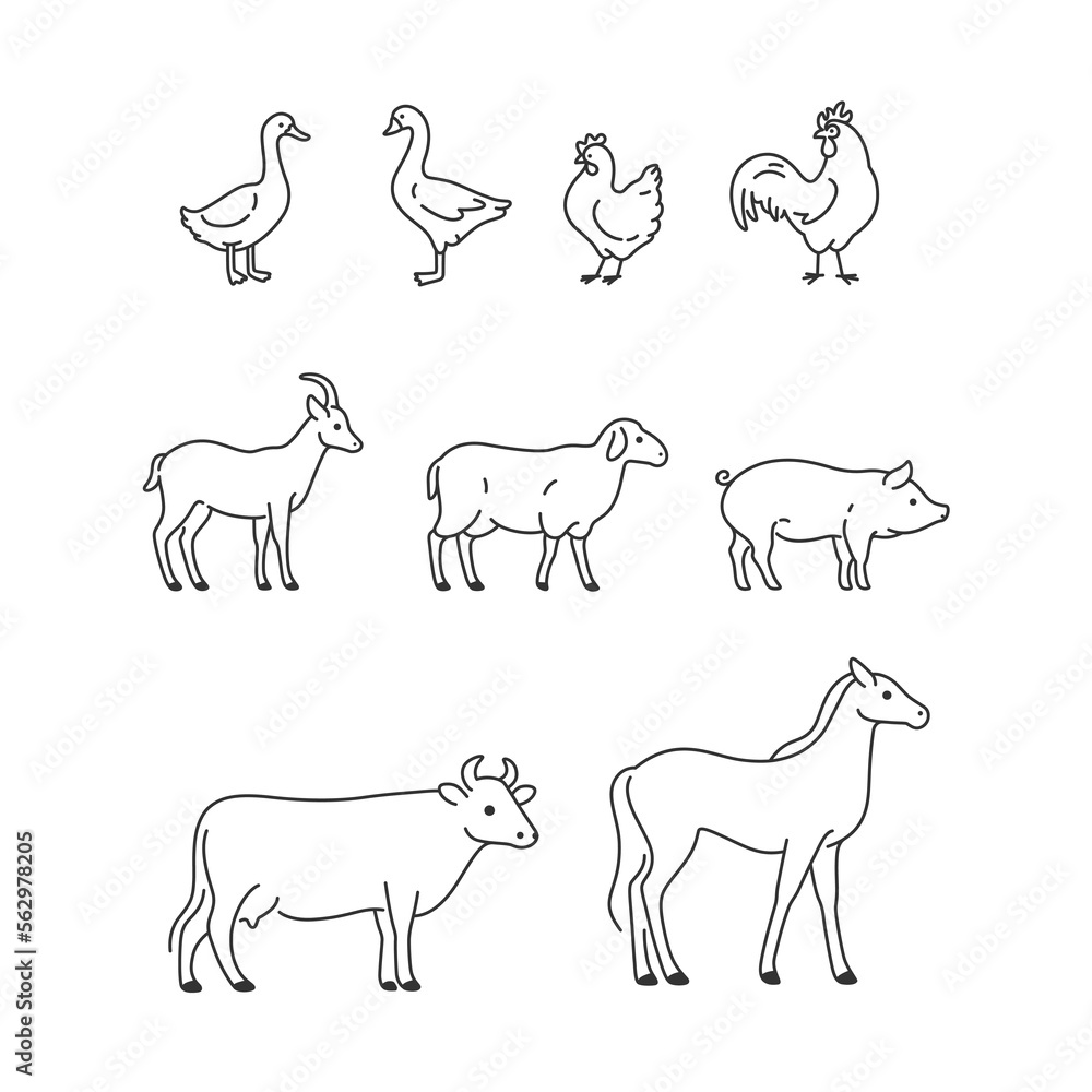 Cute animals icons set - horse, cow, goat, sheep, pig, duck, chick ...