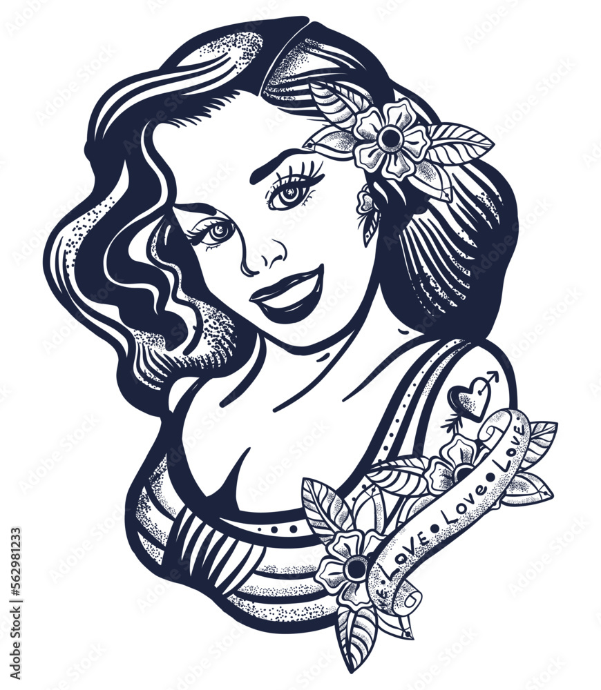Sailor Girl Pin Up Style Old School Tattoo Vector Art Hand Drawn